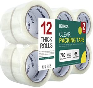 herkka clear packing tape, 12 rolls heavy duty packaging tape for shipping packaging moving sealing, thicker clear packing tape, 2 inches wide, 65 yards per roll, 780 total yards