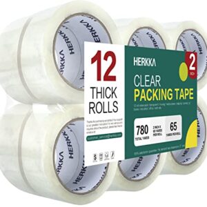 HERKKA Clear Packing Tape, 12 Rolls Heavy Duty Packaging Tape for Shipping Packaging Moving Sealing, Thicker Clear Packing Tape, 2 inches Wide, 65 Yards Per Roll, 780 Total Yards