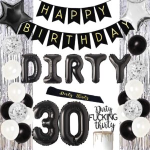 fangleland 30th birthday party decorations silver and black, dirty thirty banner balloon dirty 30 sash cake topper for for her him 30 years old birthday party supplies