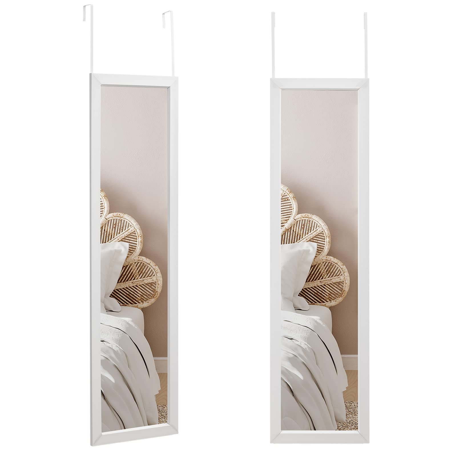 PARANTA Full Length Mirror Wall-Mounted Over The Door Long Dressing Mirror Rectangular Cheap Door Mirror for Bedroom and Home Gym with 2 Hooks, White(47" H x 13" W x 0.6" D)