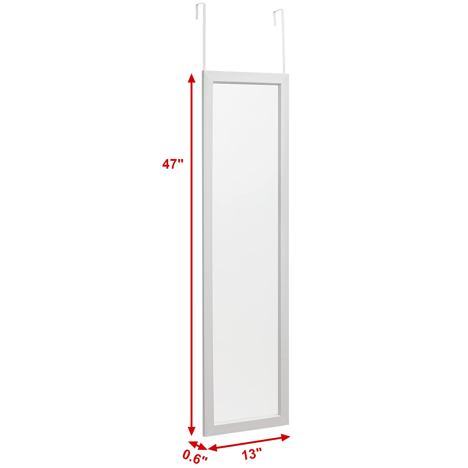 PARANTA Full Length Mirror Wall-Mounted Over The Door Long Dressing Mirror Rectangular Cheap Door Mirror for Bedroom and Home Gym with 2 Hooks, White(47" H x 13" W x 0.6" D)