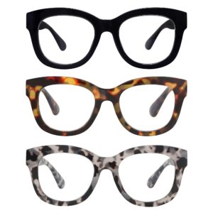 amomoma 3 pack retro oversized reading glasses for women blue light blocking computer readers spring hinge am6003 with black+brown+grey tortoise frame 2.50 x