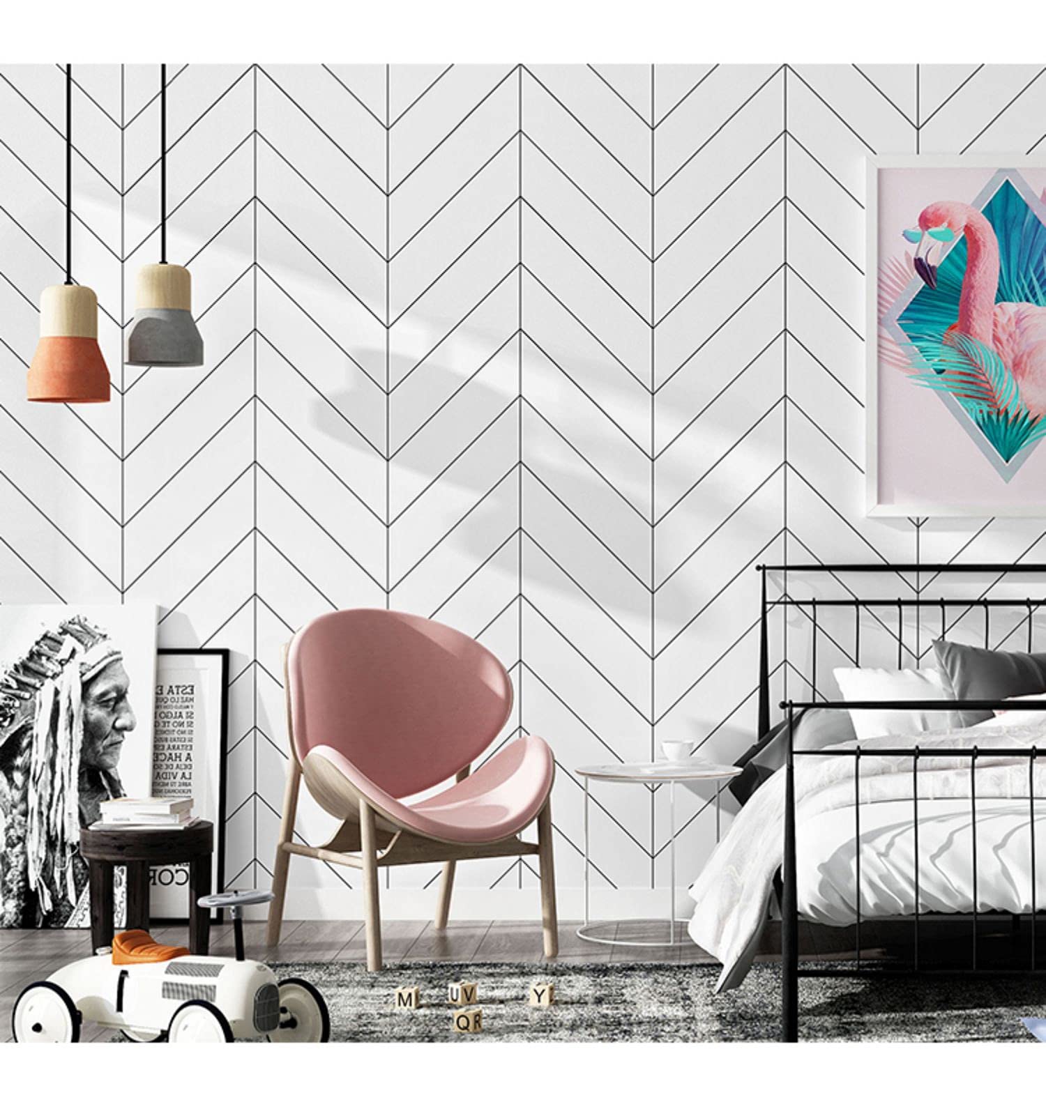 Black and White Wallpaper Peel and Stick Wallpaper Boho Contact Paper Modern Herringbone Wallpaper for Bathroom Bedroom Kitchen Wallpaper Self Adhesive Removable Wallpaper 17.7"×118" Wall Waterproof