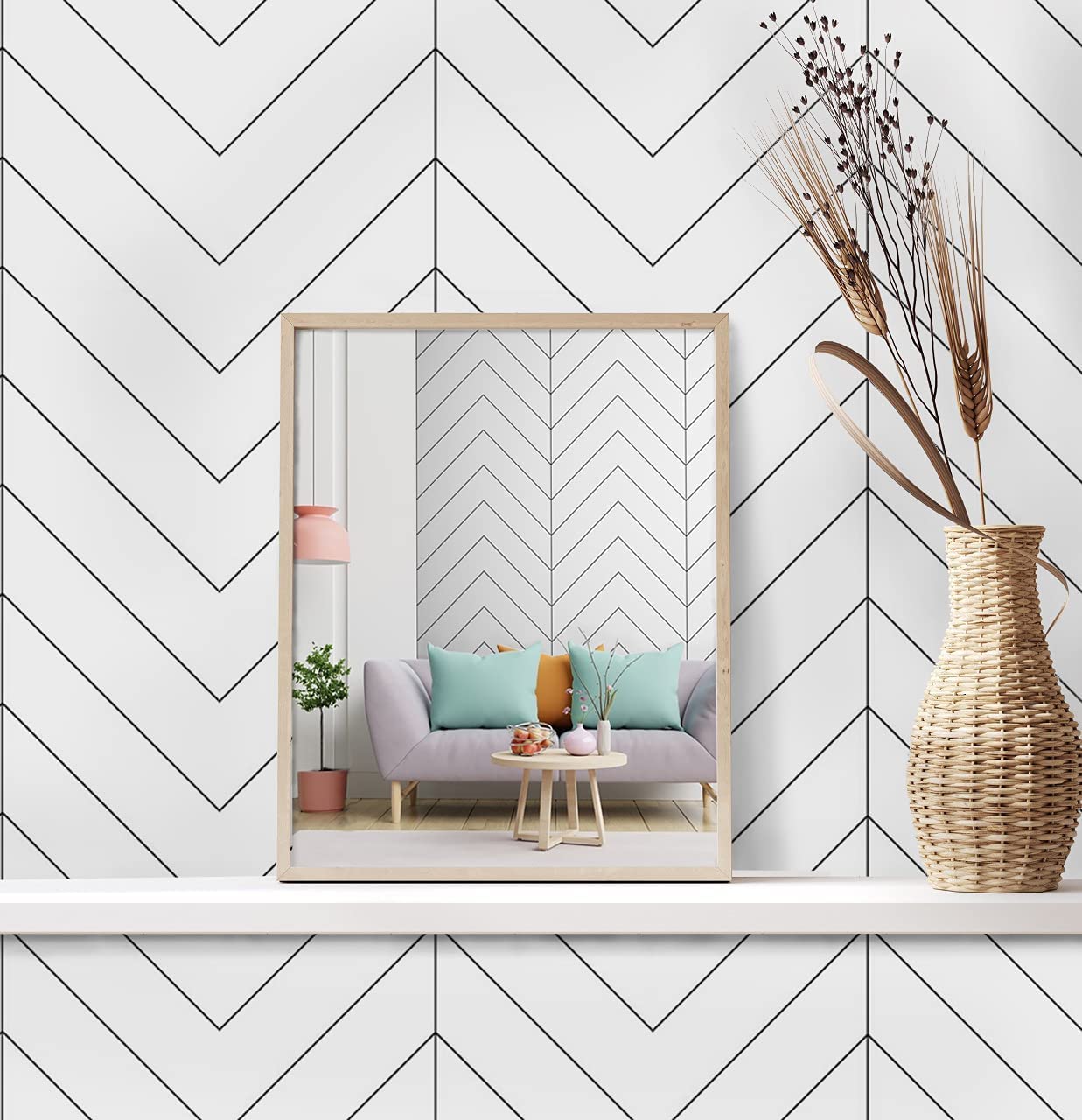 Black and White Wallpaper Peel and Stick Wallpaper Boho Contact Paper Modern Herringbone Wallpaper for Bathroom Bedroom Kitchen Wallpaper Self Adhesive Removable Wallpaper 17.7"×118" Wall Waterproof