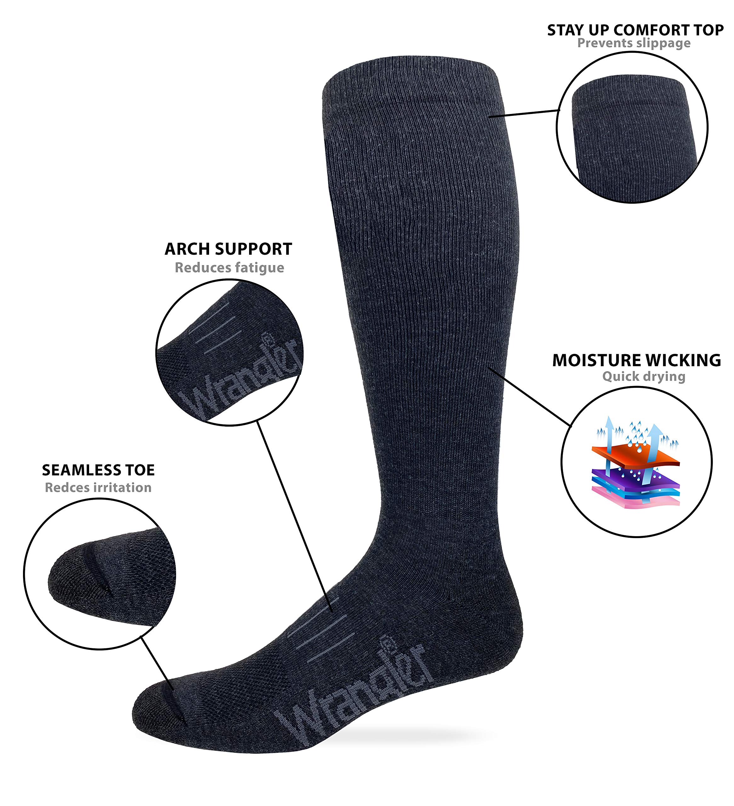 Wrangler Mens Ultra Dri Seamless Toe Western Boot Socks 3 Pair Pack (Charcoal, l)