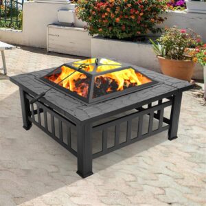 multifunctional fire pit table 32in square metal firepit stove backyard patio garden fireplace with mesh screen lid, poker,instruction for camping, outdoor heating, bonfire and picnic