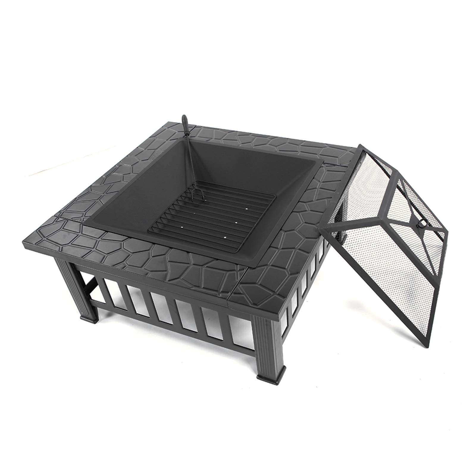 Multifunctional Fire Pit Table 32in Square Metal Firepit Stove Backyard Patio Garden Fireplace with Mesh Screen Lid, Poker,Instruction for Camping, Outdoor Heating, Bonfire and Picnic