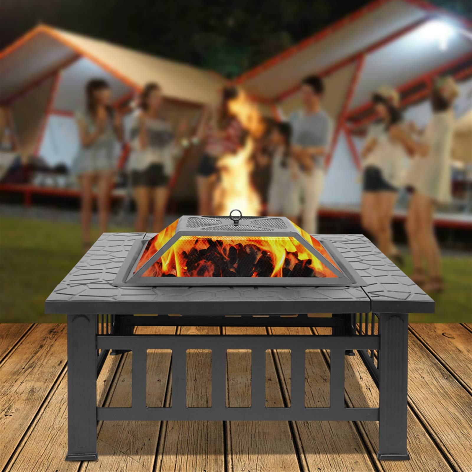 Multifunctional Fire Pit Table 32in Square Metal Firepit Stove Backyard Patio Garden Fireplace with Mesh Screen Lid, Poker,Instruction for Camping, Outdoor Heating, Bonfire and Picnic