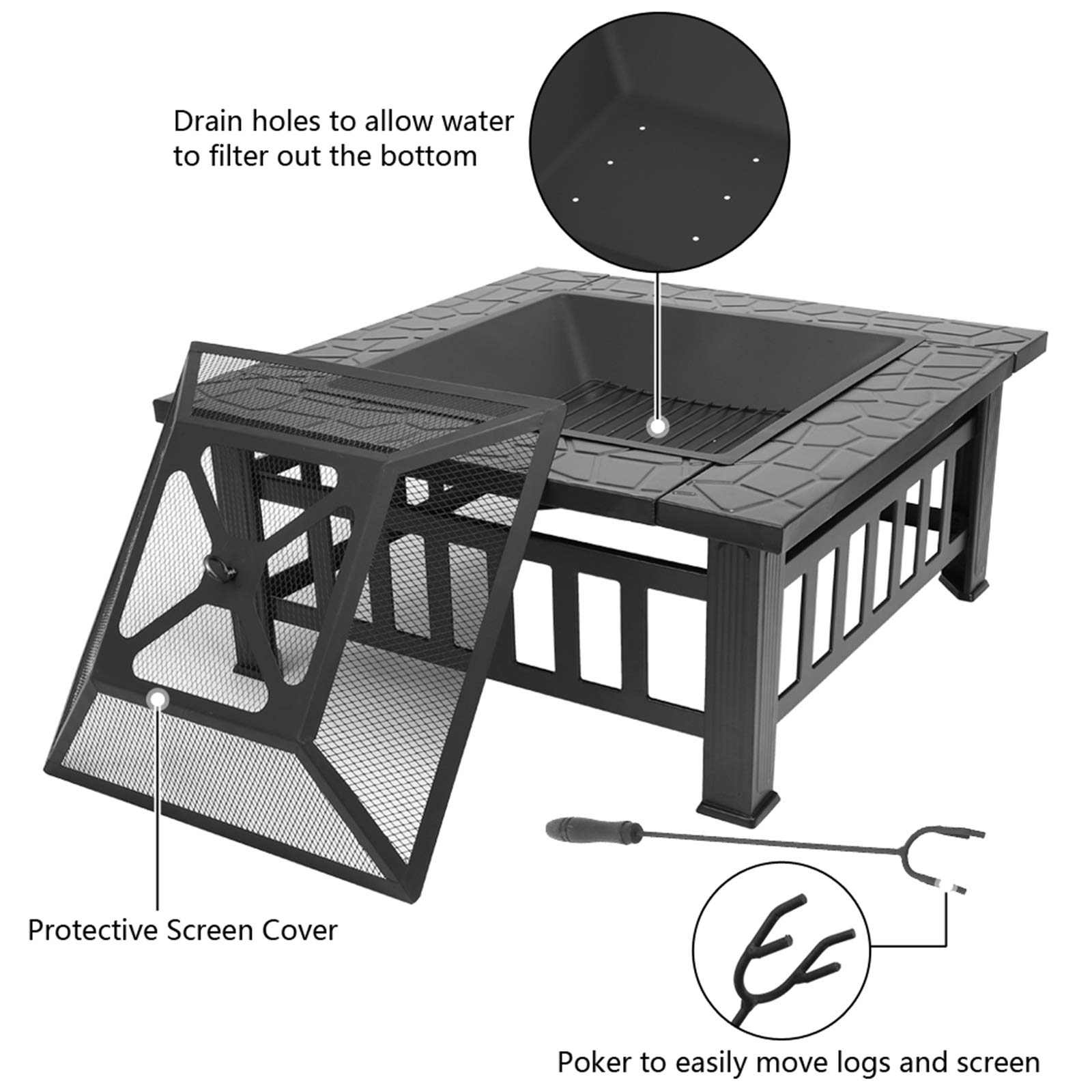 Multifunctional Fire Pit Table 32in Square Metal Firepit Stove Backyard Patio Garden Fireplace with Mesh Screen Lid, Poker,Instruction for Camping, Outdoor Heating, Bonfire and Picnic