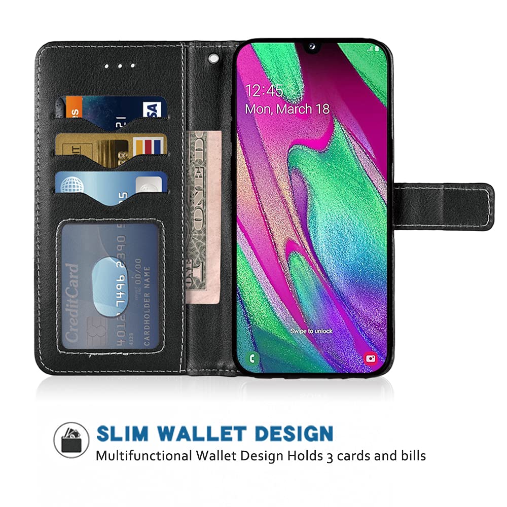 FDCWTSH Compatible with Samsung Galaxy A40 Wallet Case Wrist Strap Lanyard Leather Flip Cover Card Holder Stand Cell Accessories Phone Cases for Galaxi GlaxayA40 Women Men Black