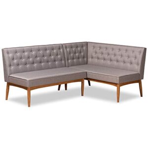 baxton studio riordan mid-century modern grey fabric upholstered and walnut brown finished wood 2-piece dining nook banquette set