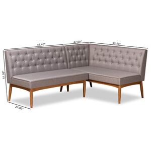 Baxton Studio Riordan Mid-Century Modern Grey Fabric Upholstered and Walnut Brown Finished Wood 2-Piece Dining Nook Banquette Set