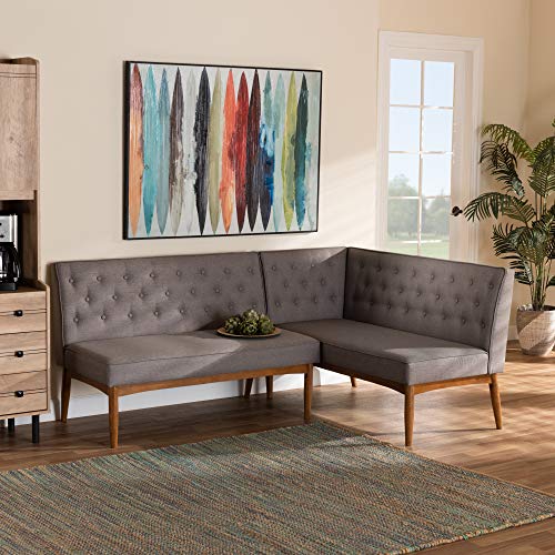 Baxton Studio Riordan Mid-Century Modern Grey Fabric Upholstered and Walnut Brown Finished Wood 2-Piece Dining Nook Banquette Set