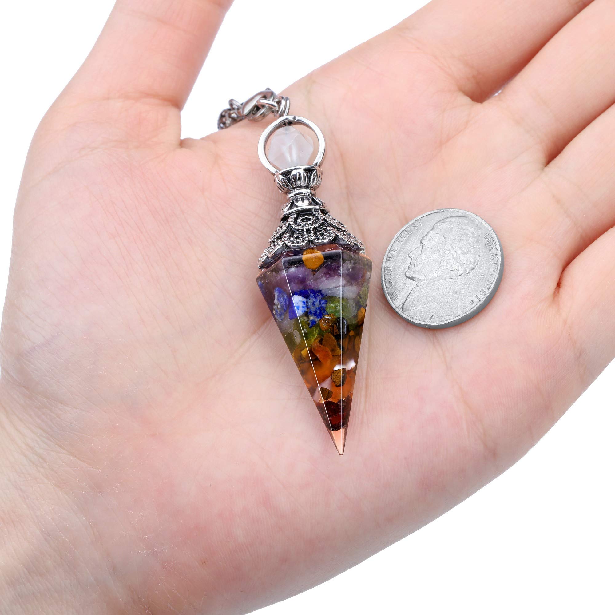 GEHECRST Natural 7 Chakra Healing Crystal Dowsing Pendulum Reiki Gemstone Chips Orgone Pendulum 6 Faceted Hexagonal Pointed Cone Resin Spiritual Pendant for Divination, Wicca, Energy Balancing