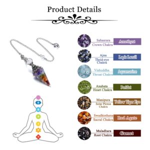 GEHECRST Natural 7 Chakra Healing Crystal Dowsing Pendulum Reiki Gemstone Chips Orgone Pendulum 6 Faceted Hexagonal Pointed Cone Resin Spiritual Pendant for Divination, Wicca, Energy Balancing