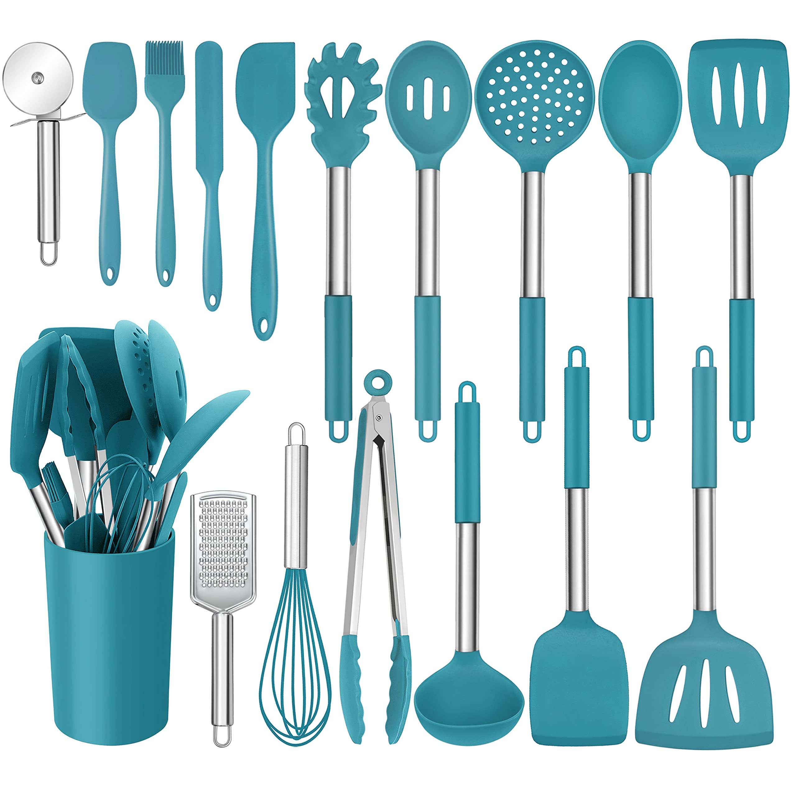 Homikit 17 Pieces Silicone Kitchen Utensils with Holder, Blue Cooking Utensils Sets Stainless Steel Handle, Nonstick Kitchen Tools Include Spatula Spoons Turner Pizza Cutter, Heat Resistant