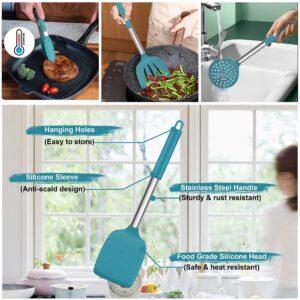 Homikit 17 Pieces Silicone Kitchen Utensils with Holder, Blue Cooking Utensils Sets Stainless Steel Handle, Nonstick Kitchen Tools Include Spatula Spoons Turner Pizza Cutter, Heat Resistant