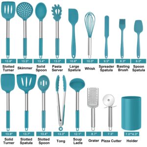 Homikit 17 Pieces Silicone Kitchen Utensils with Holder, Blue Cooking Utensils Sets Stainless Steel Handle, Nonstick Kitchen Tools Include Spatula Spoons Turner Pizza Cutter, Heat Resistant