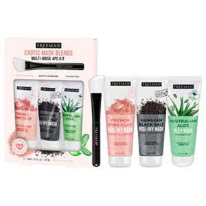 freeman exotic blends facial mask 4 piece set, peel-off & jelly masks, cleansing, pore-clearing & hydrating facial masks, for all skin types, includes silicone mask brush, vegan & cruelty-free