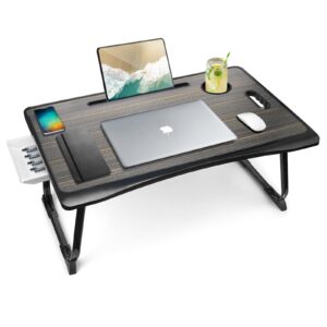 amaredom laptop bed desk tray bed table, foldable portable lap desk with storage drawer and cup holder for eating breakfast on bed/couch/sofa-black