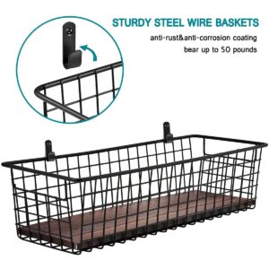 4 Set [Extra Large] Portable Metal Farmhouse Wall Decor Storage Organizer Basket Bin with Handles and Floating Shelves for Hanging in Entryway,Bathroom,Kitchen-Wall Mount Hooks Included (4, Black)