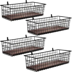 4 Set [Extra Large] Portable Metal Farmhouse Wall Decor Storage Organizer Basket Bin with Handles and Floating Shelves for Hanging in Entryway,Bathroom,Kitchen-Wall Mount Hooks Included (4, Black)