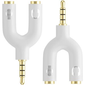 d & k exclusives [2-pack] headphone splitter adapter, 3.5mm male to 2 port 3.5mm female y jack splitter for audio stereo and mic, headset to pc adapter for phones, computers, mp3, tablet (white)