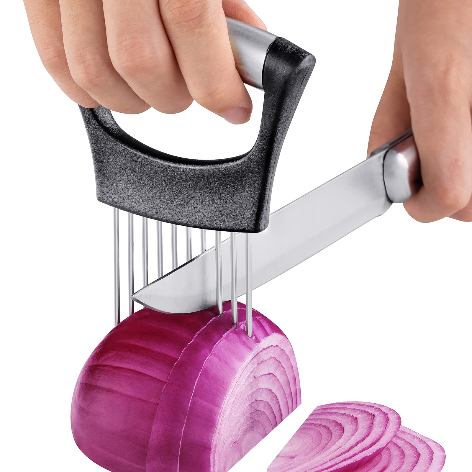 ESINAM Onion Slicer Holder, Premium Vegetable Slicer Cutter for Potato and Tomato, Sharp Stainless Steel Food Slicer Assistant Tool for Slicing Fruit Lemon and Meat Black