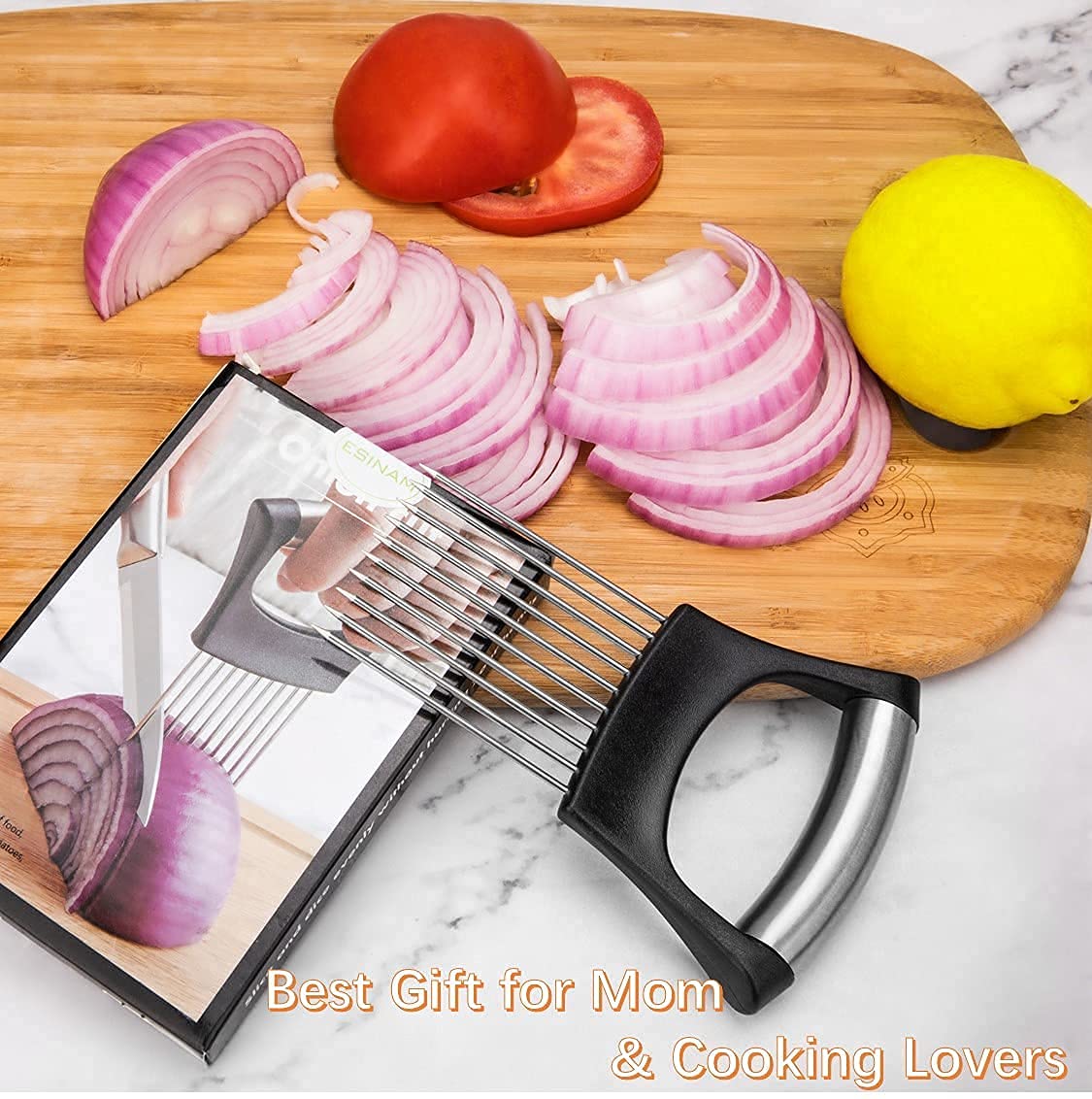 ESINAM Onion Slicer Holder, Premium Vegetable Slicer Cutter for Potato and Tomato, Sharp Stainless Steel Food Slicer Assistant Tool for Slicing Fruit Lemon and Meat Black