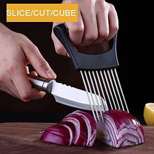 ESINAM Onion Slicer Holder, Premium Vegetable Slicer Cutter for Potato and Tomato, Sharp Stainless Steel Food Slicer Assistant Tool for Slicing Fruit Lemon and Meat Black