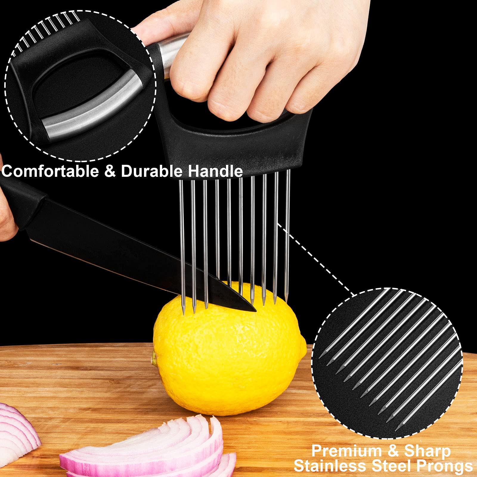 ESINAM Onion Slicer Holder, Premium Vegetable Slicer Cutter for Potato and Tomato, Sharp Stainless Steel Food Slicer Assistant Tool for Slicing Fruit Lemon and Meat Black