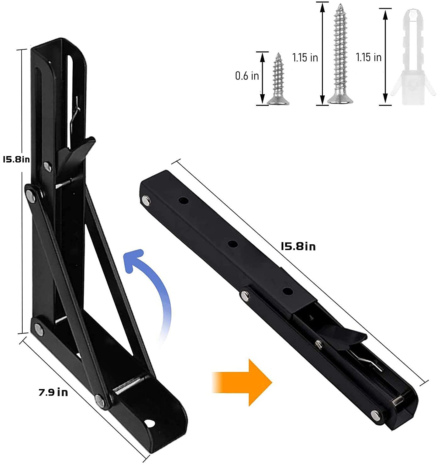 AUTOHJ Folding Shelf Brackets - 16 Inch 2 Pcs Heavy Duty Stainless Steel Collapsible Triangle Shelf Bracket, DIY Wall Mounted Folding Table Hinge, Space Saving for Bench Table with Screws