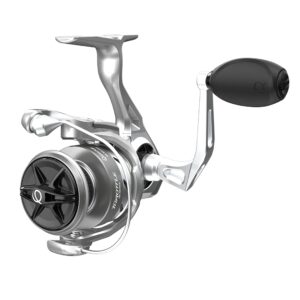 zebco quantum throttle spinning fishing reel, size 30 reel, stainless steel bail wire, dura-lok anti-reverse clutch, oversized non-slip handle knob, maxcast ii spool, 6.2:1 gear ratio, silver