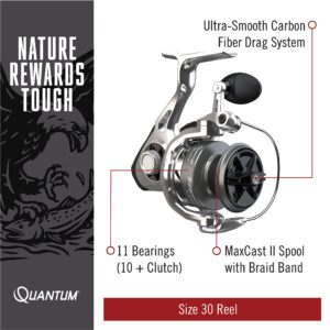 Zebco Quantum Throttle Spinning Fishing Reel, Size 30 Reel, Stainless Steel Bail Wire, Dura-Lok Anti-Reverse Clutch, Oversized Non-Slip Handle Knob, MaxCast II Spool, 6.2:1 Gear Ratio, Silver