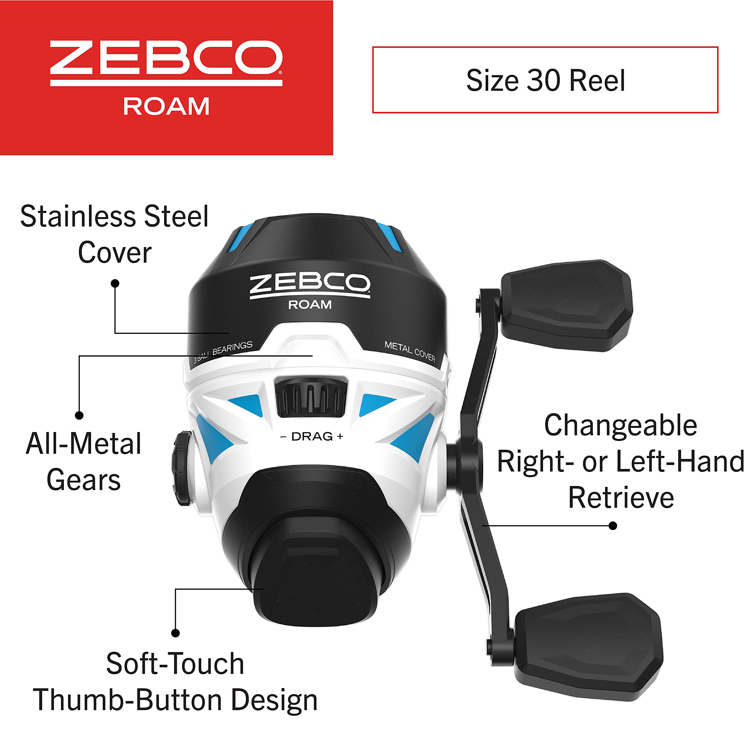 Zebco Roam Spincast Fishing Reel, Size 30 Reel, Changeable Right or Left-Hand Retrieve, Pre-Spooled with 10-Pound Zebco Fishing Line, Stainless Steel Front Cover, Blue