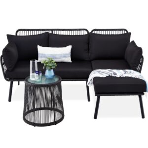 best choice products outdoor rope woven sectional patio furniture l-shaped conversation sofa set for backyard, porch w/thick cushions, detachable lounger, side table - black