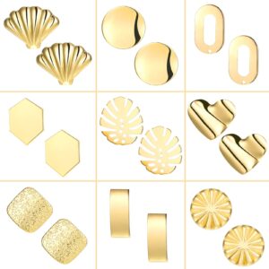 hicarer 36 pcs/ 18 pairs gold plated earring studs for jewelry making earring posts with loop hole ear studs kit palm leaf shaped flower shell ear pad base posts heart hollow rectangle hexagon shapes