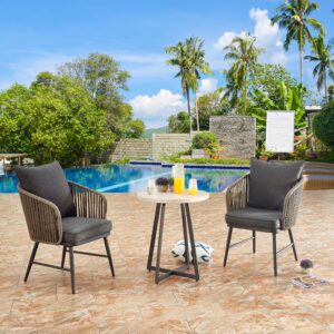 LOKATSE HOME 3 Piece Outdoor Patio Ratten Wicker Bistro Balcony Porch Chairs Furniture Sets with Table, Grey