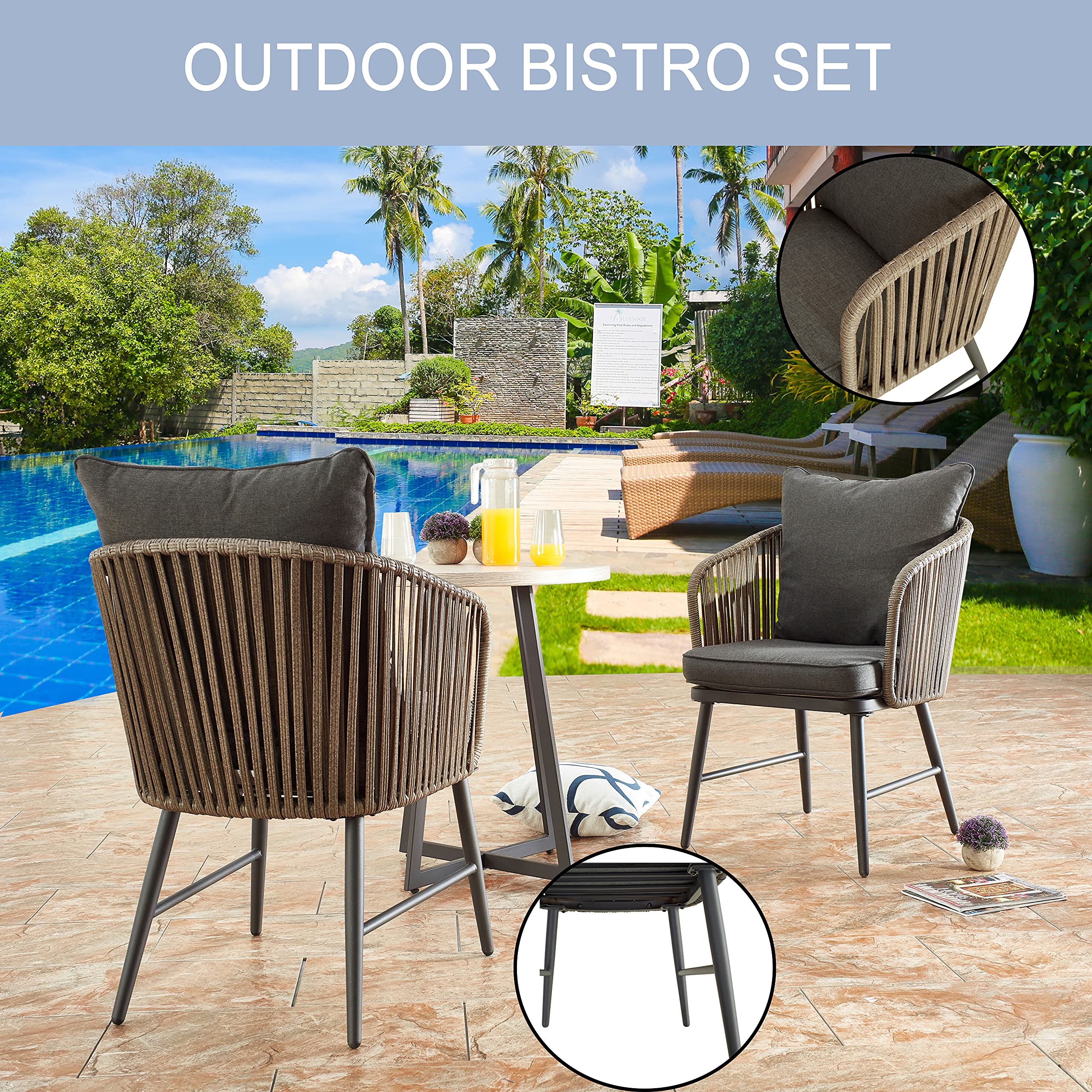 LOKATSE HOME 3 Piece Outdoor Patio Ratten Wicker Bistro Balcony Porch Chairs Furniture Sets with Table, Grey