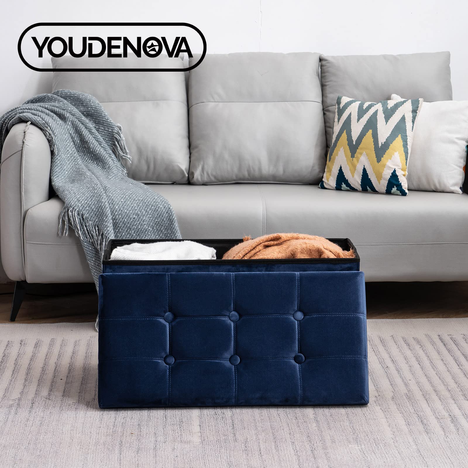 YOUDENOVA 30 Inches Storage Ottoman Bench, Velvet Storage Bench, Folding Storage Chest, Footrest Couch with Wooden Legs, Support 350lbs for Bedroom, Living Room, Bedroom, Hallway, Navy Blue