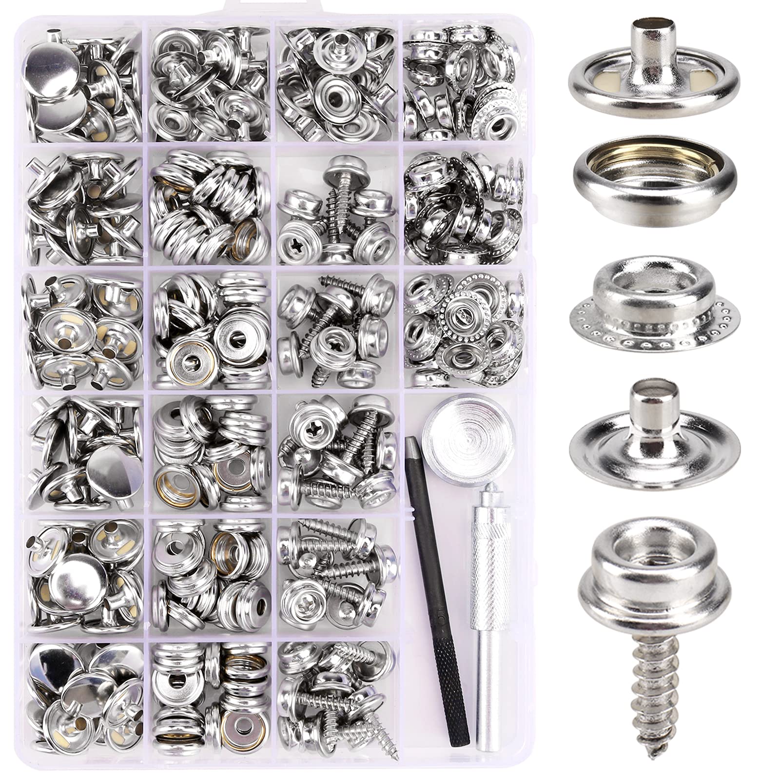 323 Piece Canvas Snap Kit, Meifuly Marine Grade Stainless Steel (Caps, Sockets, Screws, Fabric Base Components) for DIY Cover, Canvas Snap Kit with Material Hole Punch and Setting Tools