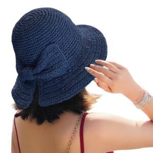 foldable wide brim floppy straw beach sun hat,summer cap with bowknot for women girls,strap adjustable (1 pack navy blue)