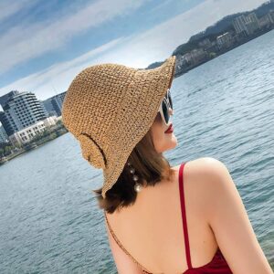 Foldable Wide Brim Floppy Straw Beach Sun Hat,Summer Cap with Bowknot for Women Girls,Strap Adjustable (1 Pack Navy Blue)