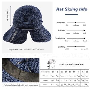 Foldable Wide Brim Floppy Straw Beach Sun Hat,Summer Cap with Bowknot for Women Girls,Strap Adjustable (1 Pack Navy Blue)