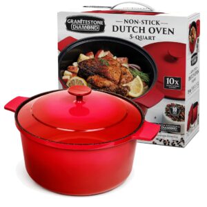 granitestone dutch oven, 5 quart ultra nonstick enameled lightweight aluminum dutch oven pot with lid, round 5 qt. stock pot, dishwasher & oven safe, induction capable, healthy 100% pfoa free, red