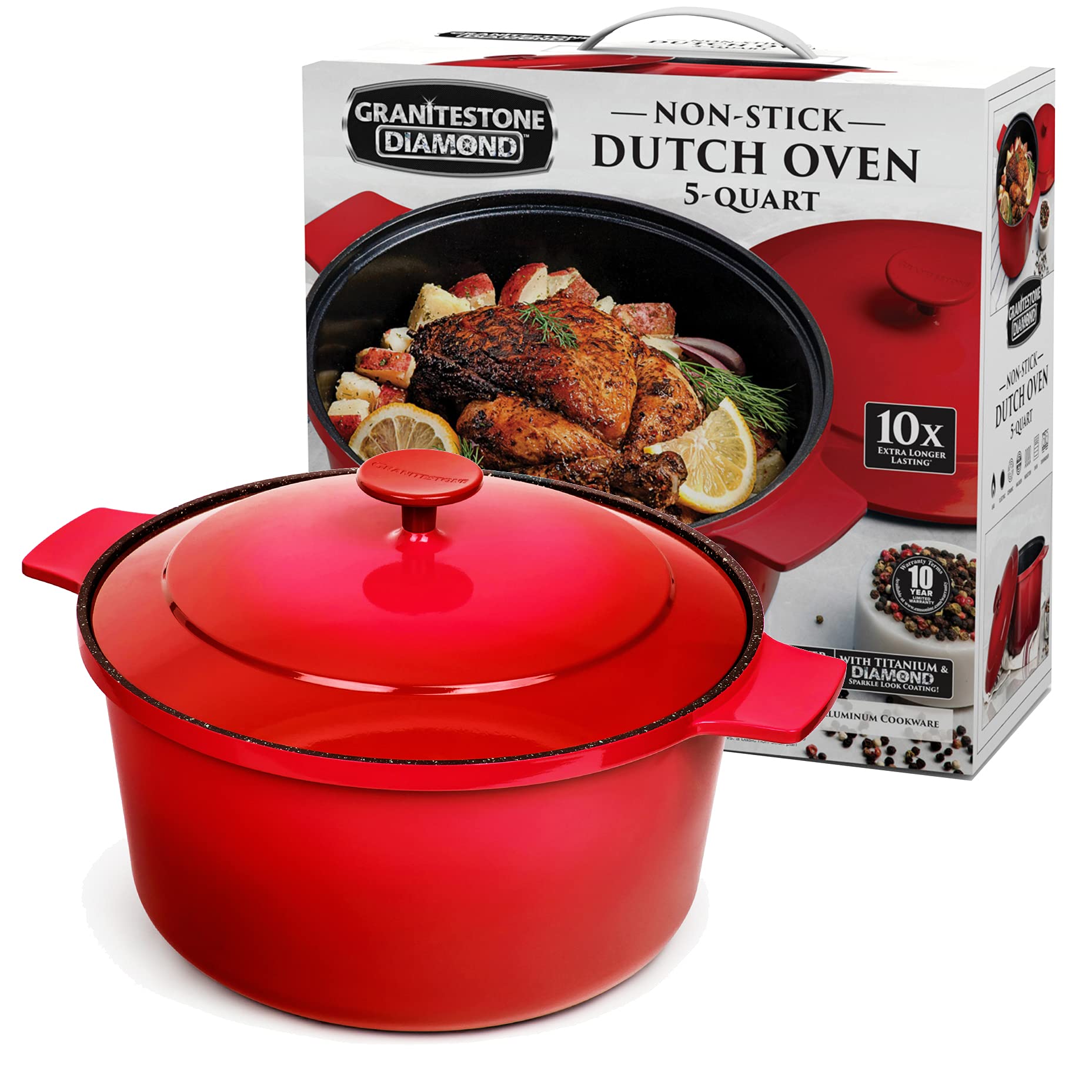 Granitestone Dutch Oven, 5 Quart Ultra Nonstick Enameled Lightweight Aluminum Dutch Oven Pot with Lid, Round 5 Qt. Stock Pot, Dishwasher & Oven Safe, Induction Capable, Healthy 100% PFOA Free, Red