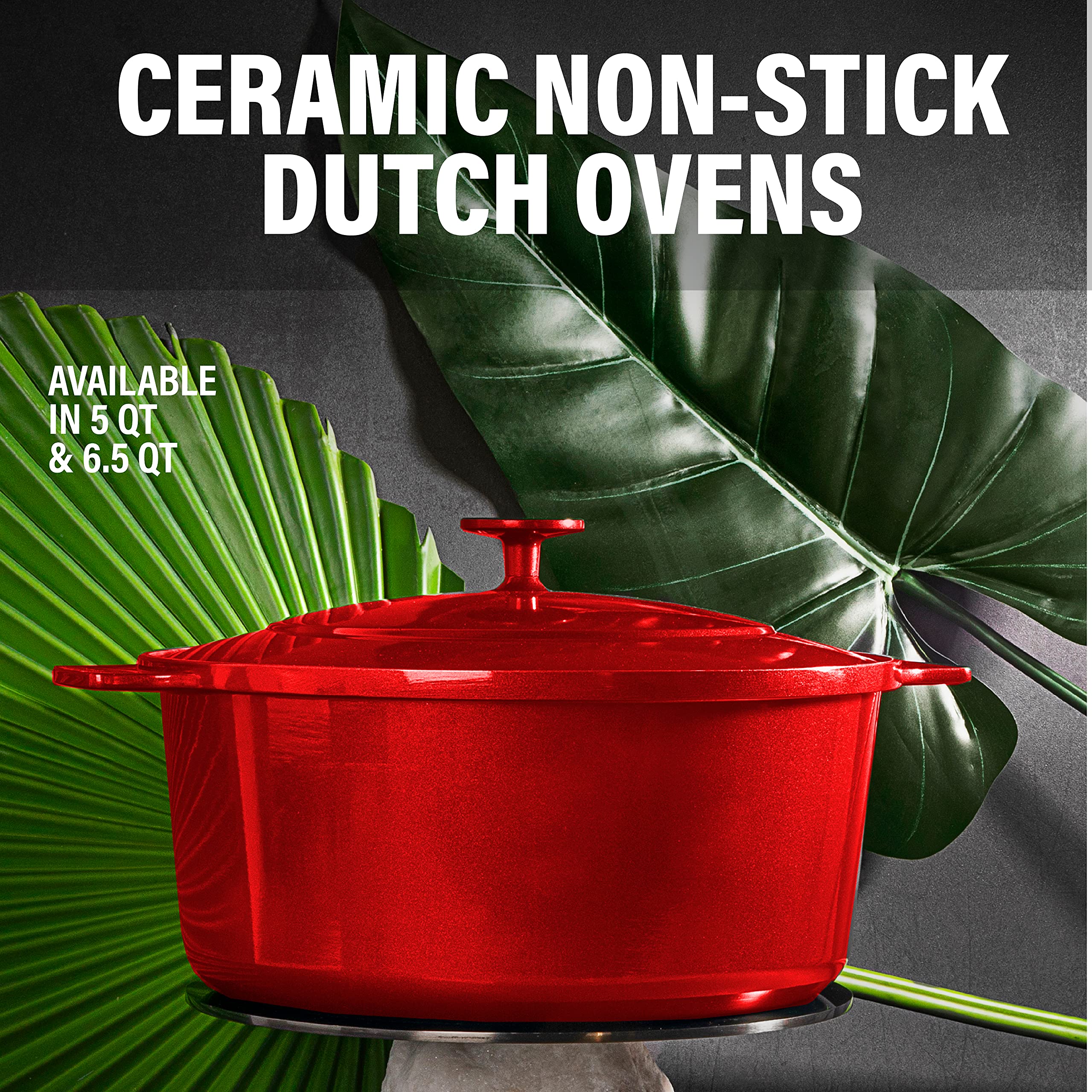 Granitestone Dutch Oven, 5 Quart Ultra Nonstick Enameled Lightweight Aluminum Dutch Oven Pot with Lid, Round 5 Qt. Stock Pot, Dishwasher & Oven Safe, Induction Capable, Healthy 100% PFOA Free, Red