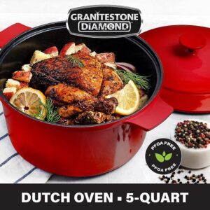 Granitestone Dutch Oven, 5 Quart Ultra Nonstick Enameled Lightweight Aluminum Dutch Oven Pot with Lid, Round 5 Qt. Stock Pot, Dishwasher & Oven Safe, Induction Capable, Healthy 100% PFOA Free, Red