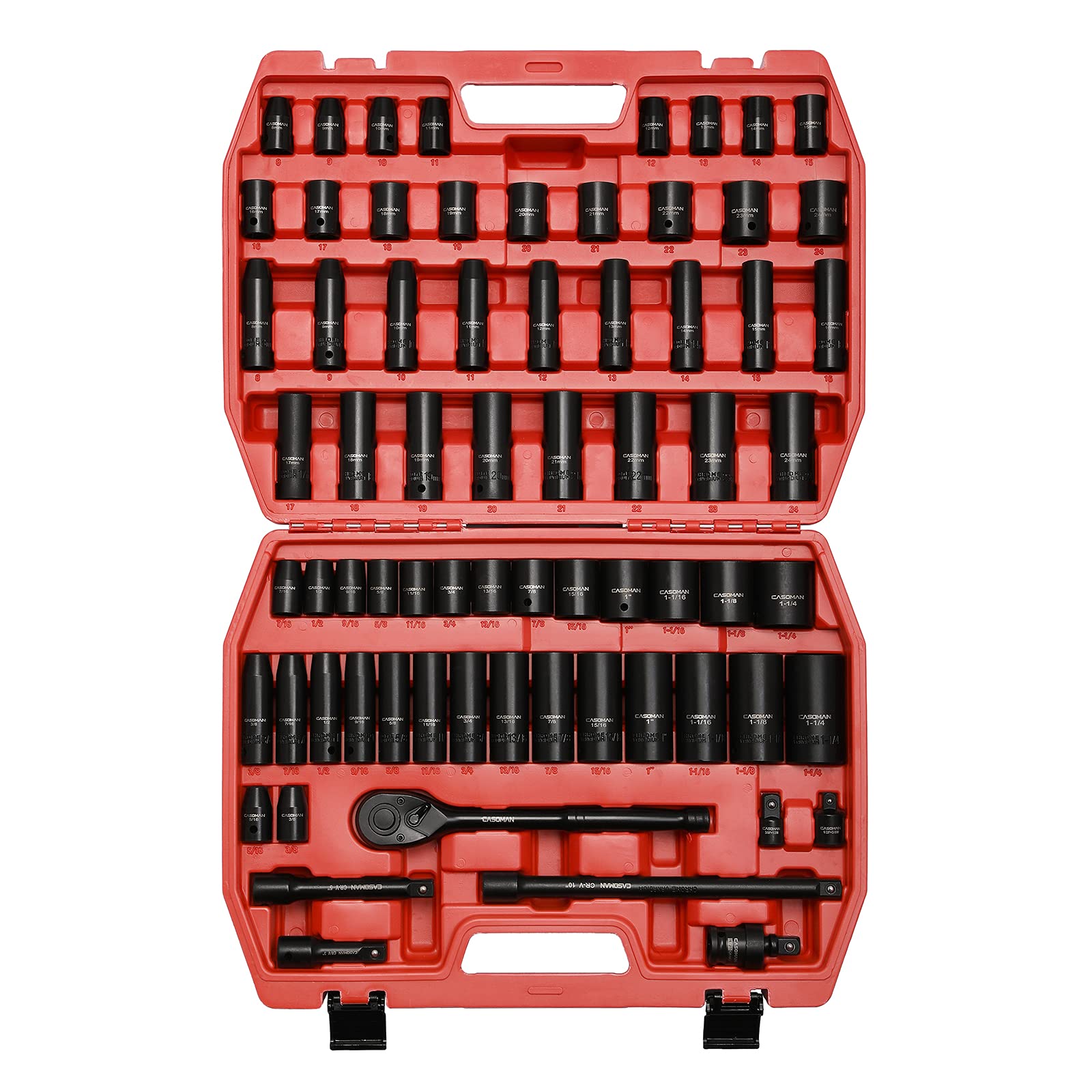 CASOMAN 1/2-inch 70 Pieces Impact Socket Master Set, SAE & Metric from 5/16"-1-1/4",8-24mm, Shallow/Deep Socket with Ratched Hand, Extension Bar and Adapters