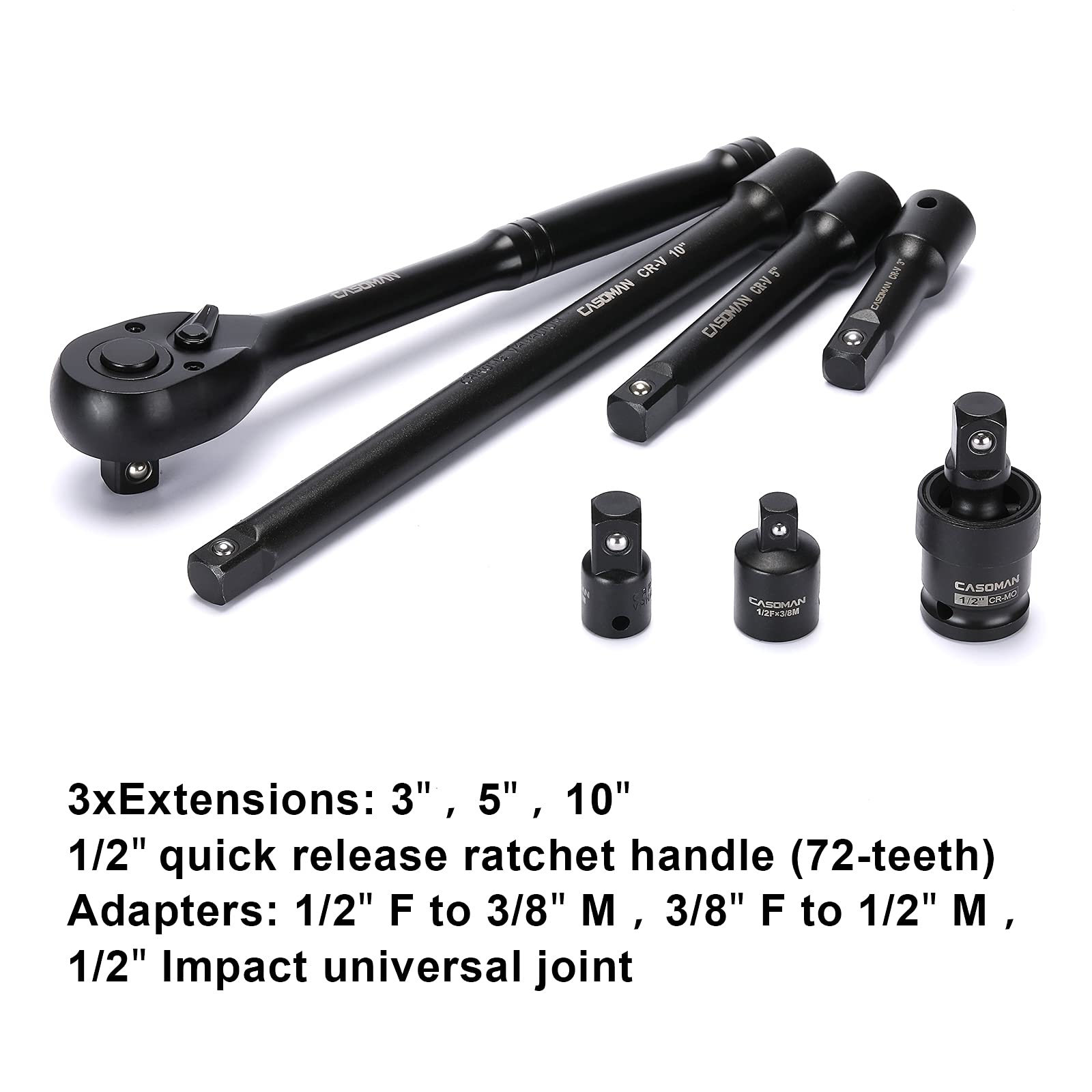 CASOMAN 1/2-inch 70 Pieces Impact Socket Master Set, SAE & Metric from 5/16"-1-1/4",8-24mm, Shallow/Deep Socket with Ratched Hand, Extension Bar and Adapters